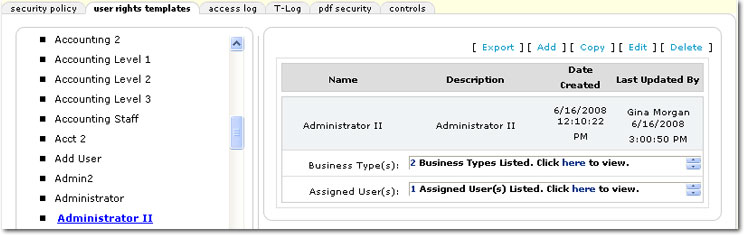 User Rights Templates